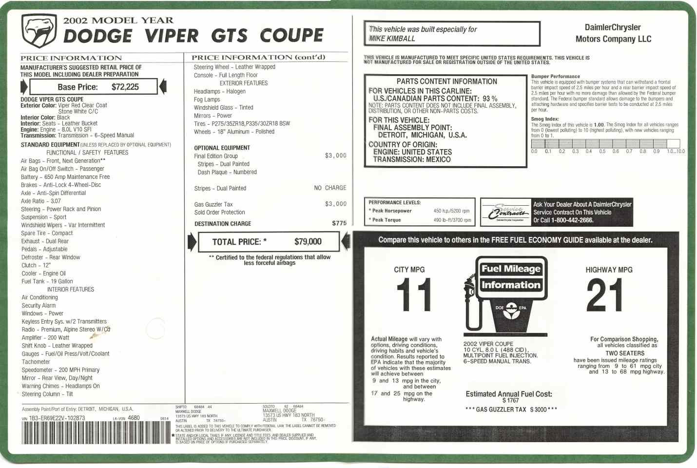 Specifications - Dodge Viper Final Edition Registry
